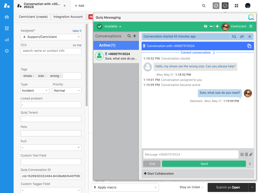 Quiq Messaging App Integration with Zendesk Support